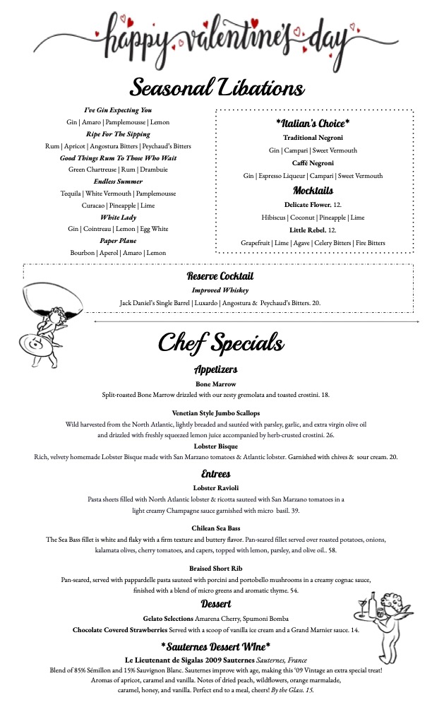 Valentine’s Day Wednesday 2/14 Limited Menu – Pizzaioli Italian Restaurant